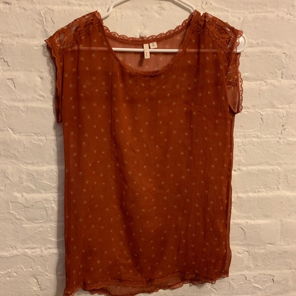 Frenchi | Tops | Frenchi Sheer Burnt Orange Patterned Blouse | Poshmark